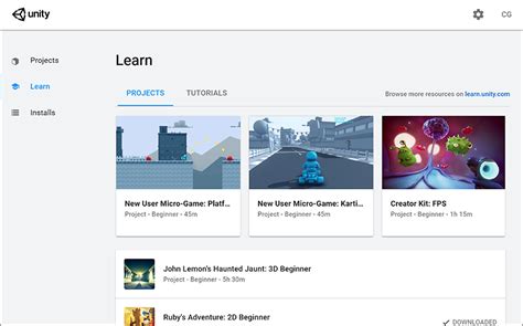 unity manual the learn screen