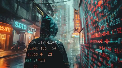 Hacker In A Hoodie With Digital Code Overlay Standing In A City Street
