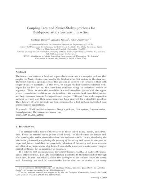 Pdf Coupling Biot And Navier Stokes Problems For Fluid Poroelastic Structure Interaction
