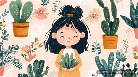 Ai创作图卡通女孩扁平插画 春季女孩插画 女孩儿童插画 微笑女生女孩插画 植物人物插画 怡然自得的小女孩插画 开心女孩插画 小女孩美容养颜插画