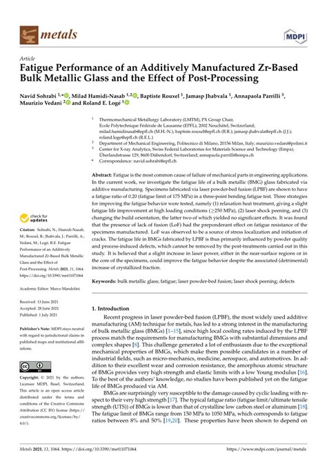 Pdf Fatigue Performance Of An Additively Manufactured Zr Based Bulk Metallic Glass And The