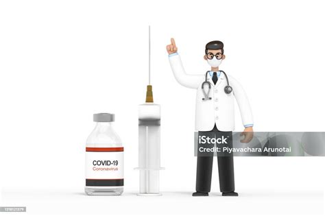 주사기 바늘과 코로나 바이러스 코비드19 백신 병 3d 렌더링3d 의사 또는 약사 만화 캐릭터 3d 일러스트 예방 접종 임상 연구 병원 의료 의료 개념 3차원 형태에 대한