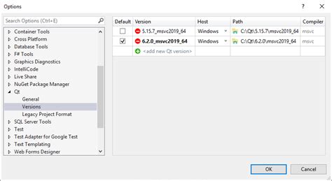 Managing Qt Versions Qt Vs Tools Manual