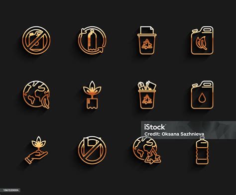 환경 보호의 손에 세트 라인 공장 가솔린을위한 아니 캐니스터 행성 지구 재활용 플라스틱 병 캐니스터 및 재활용 기호 아이콘휴지