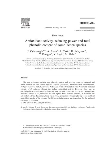 Pdf Antioxidant Activity Reducing Power And Total Phenolic Content Of Some Lichen Species