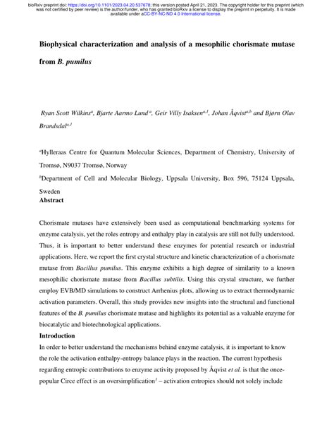 Pdf Biophysical Characterization And Analysis Of A Mesophilic Chorismate Mutase From B Pumilus