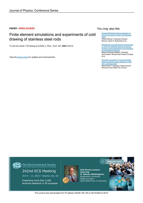 Pdf Finite Element Simulations And Experiments Of Cold Drawing Of Stainless Steel Rods