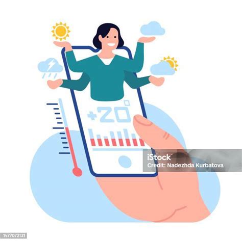 온라인 일기 예보 최신 스마트 폰 응용 프로그램 모바일 기술 기상 학자 보고서 태양 또는 구름 예측 기상학 전화 앱 온도 측정 벡터 개념 개념에 대한 스톡 벡터 아트 및
