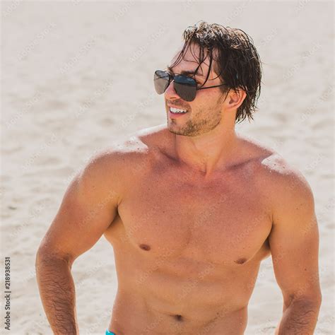 Man Body On Beach In Summer Handsome Sexy Fit Male With Healthy Skin