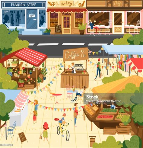 파머스 마켓 박람회 카운터 판매자의 사람들은 신선한 수제 농산물 야외 벡터 일러스트와 함께 포장 마차 뒤에 서 있습니다 시장 소매점에 대한 스톡 벡터 아트 및 기타 이미지