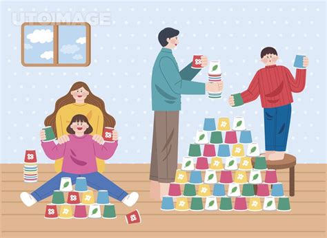 어린이집콕놀이 002 Sill509 유토이미지 일러스트 코로나19 바이러스 레이어드홈 집콕 단체 남자 여자 종이컵쌓기놀이 놀이 창문 의자 가족