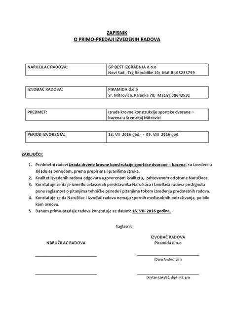 Zapisnik O Primopredaji Objekta Pdf