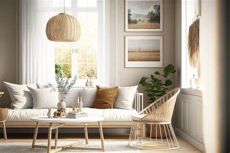 베이지색 배경의 스칸디나비아 거실 디자인 등나무 테이블 팜파스 및 흰색 소파 깔끔한 인테리어 디자인 프리미엄 사진