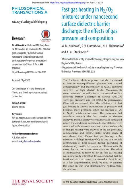 Pdf Fast Gas Heating In N2o2 Mixtures Under Nanosecond Surface Dielectric Barrier Discharge
