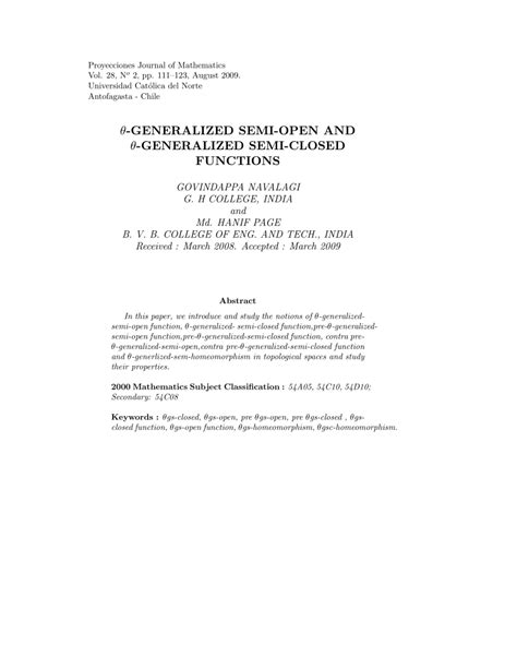 Pdf θ Generalized Semi Open And θ Generalized Semi Closed Functions