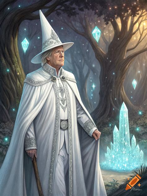 A Person In A White Wizard Robe And Hat Stands In A Magical Forest With