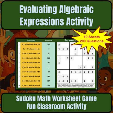 Evaluating Algebraic Expressions Sudoku Math Worksheet S0003 Tpt