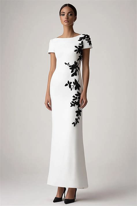 Zapaka Women White Formal Dress Appliqued Boat Neck Short Sleeves