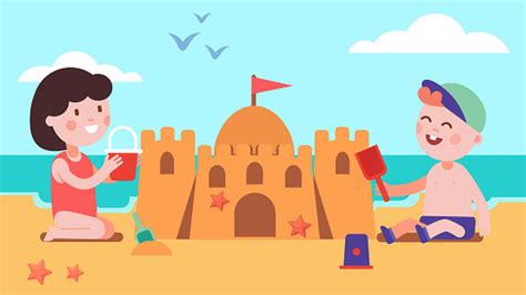 여름 바다 해안 해변 모래에 앉아 모래성을 구축 하는 소년과 소녀 아이 장난감 양동이와 삽을 들고 함께 연주 행복 한 어린이 만화 캐릭터 휴일 레저 플랫 벡터 일러스트레이션