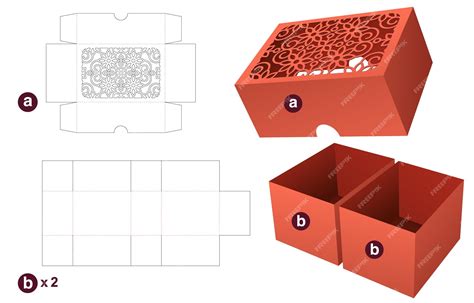 스텐실 패턴 뚜껑 다이 컷 템플릿과 3d 모형이 있는 트윈 직사각형 그릇 프리미엄 벡터