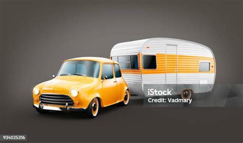 흰색 트레일러와 레트로 차입니다 고전 캐 러 밴의 특이 한 3d 그림입니다 캠핑과 여행 개념 개념에 대한 스톡 사진 및 기타 이미지 Istock