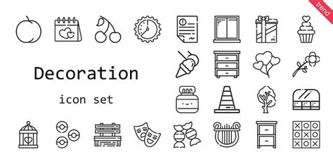 장식 아이콘 세트입니다 라인 아이콘 스타일입니다 체리 벤치 도넛 사탕 풍선 나무 복숭아 서랍 벽 시계 콘 꽃 극장 케이지 사리 음식 및 레스토랑 틱 택 토 편지와 같은 장식