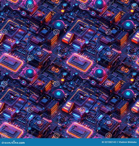 Futuristic Circuit Board With Neon Lights And Glowing Components Stock Illustration