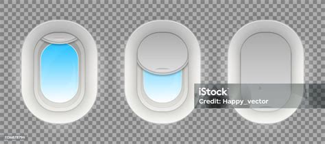 비행 비행기 윈도우의 창조적 인 벡터 일러스트 레이 션 투명 한 배경에 고립 된 빈 비행기의 둥근 창 아트 디자인 항공기 개방 및 폐쇄 일 루미 네이 터 추상적인 개념