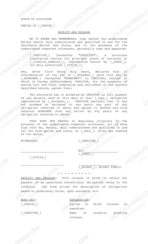 Receipt And Release Form Us Legal Forms