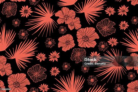 꽃 디자인 원활한 배경 패턴입니다 야자수 잎 히 비 스커 스 꽃 벡터 일러스트 레이 션 손으로 그린 0명에 대한 스톡 벡터 아트 및 기타 이미지 Istock