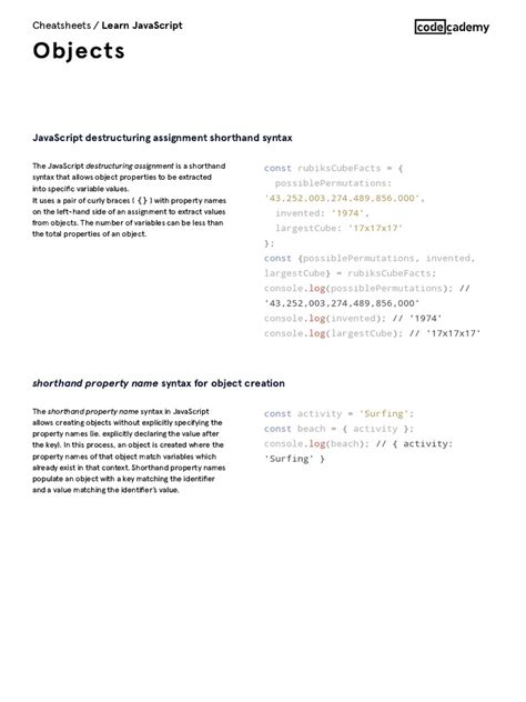 9learn Javascript Objects Cheatsheet Codecademy Pdf Java Script Parameter Computer