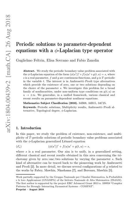 Pdf Periodic Solutions To Parameter Dependent Equations With A Phi ϕ Laplacian Type