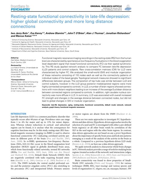 Pdf Resting State Functional Connectivity In Late Life Depression Higher Global Connectivity