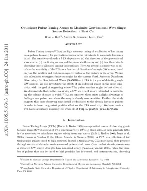 Pdf Optimizing Pulsar Timing Arrays To Maximize Gravitational Wave