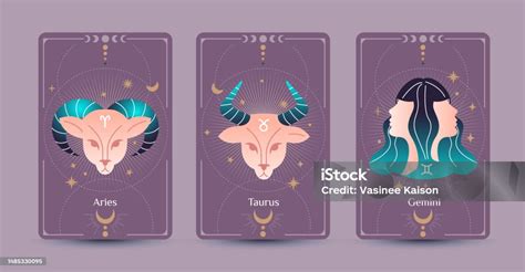 양자리 황소자리 쌍둥이자리 조디악 기호는 보라색 배경에 달과 별으로 둘러싸인 손으로 그리는 스타일로 초자연적 현상 타로 리더 및