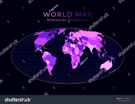 World Map Equalarea Pseudocylindrical Mollweide Projection Stock Vector