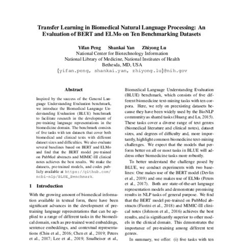 Transfer Learning In Biomedical Natural Language Processing An Evaluation Of Bert And Elmo On