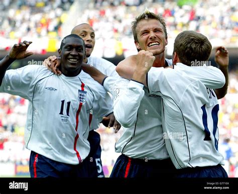 Michael Owen Is Congratulated By Team Mates David Beckham Emile Heskey