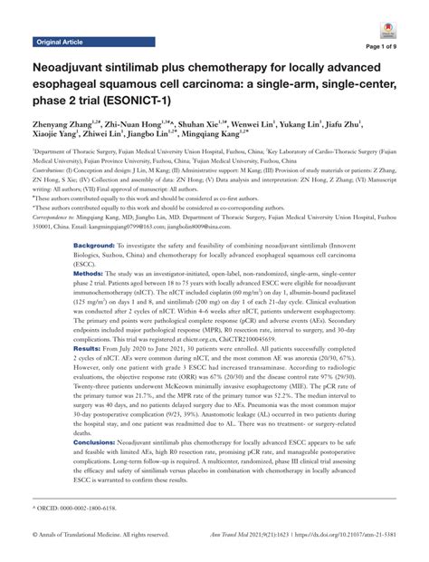 Pdf Neoadjuvant Sintilimab Plus Chemotherapy For Locally Advanced Esophageal Squamous Cell