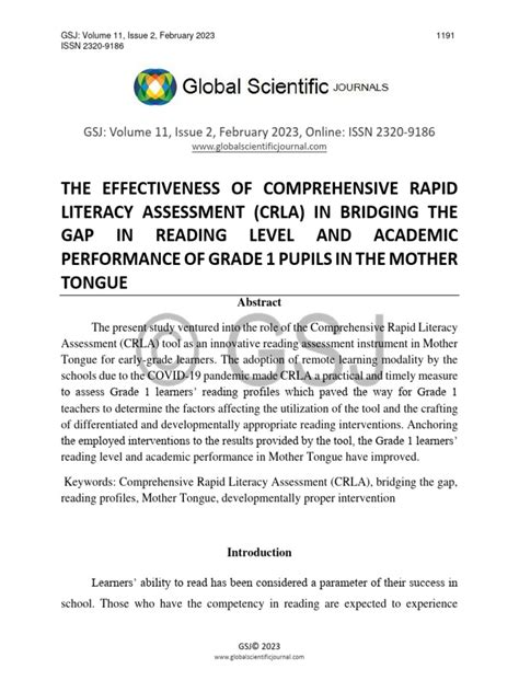 The Effectiveness Of Comprehensive Rapid Literacy Assessment Crla In