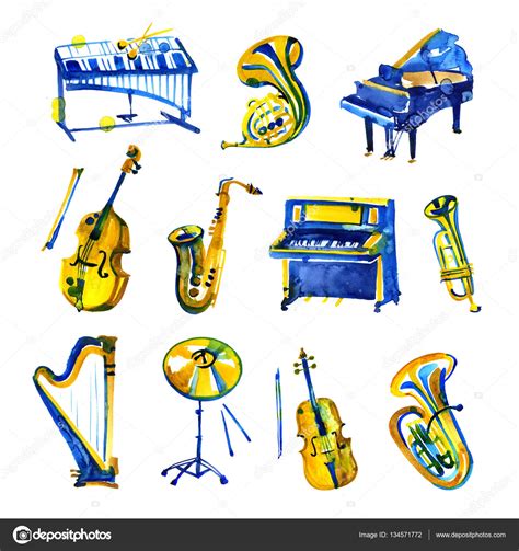 Cute Watercolor Musical Instruments Including Piano Violin Saxophone