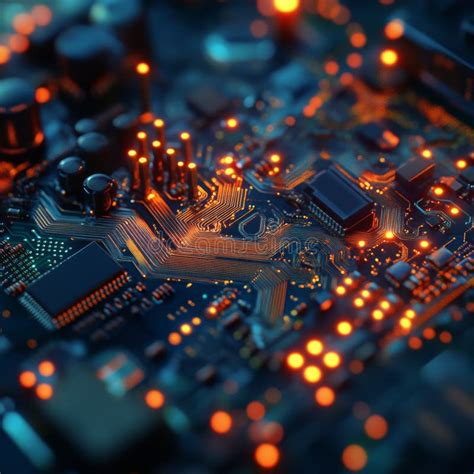 Glowing Circuit Board In Dark Setting With Orange And Blue Lights Stock