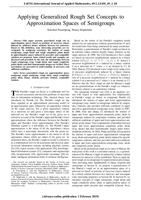 Pdf Applying Generalized Rough Set Concepts To Approximation Spaces Of Semigroups
