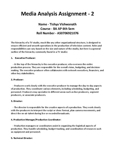 Media Analysis Notes Media Analysis Assignment 2 Name Tishya