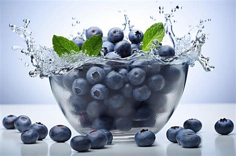Premium Ai Image Blueberries With Water Splash In Glass Bowl On White Background