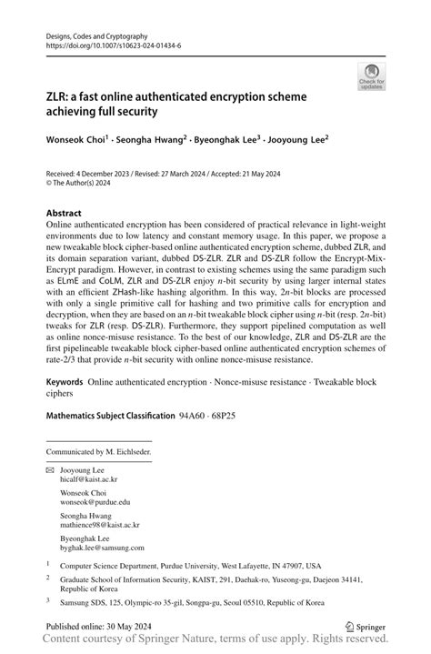 PDF ZLR A Fast Online Authenticated Encryption Scheme Achieving Full