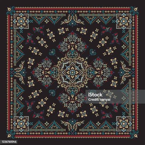 벡터 장식 반다나 인쇄 페이즐리와 꽃전통적인 장식 민족 패턴 실크 넥 스카프 또는 손수 막정 무늬 디자인 스타일 직물 또는 Papper에 인쇄에 대 한 최고의 동기 0명에