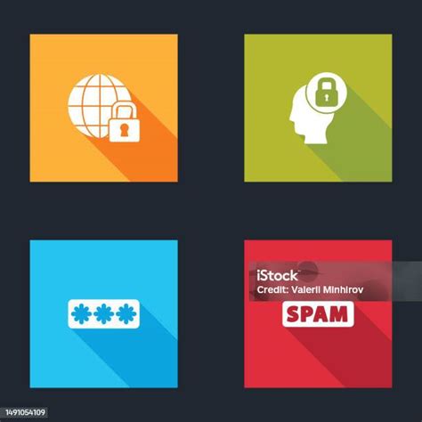Set Global Lockdown Human Head With Password Protection And Spam Icon Vector Stock Illustration