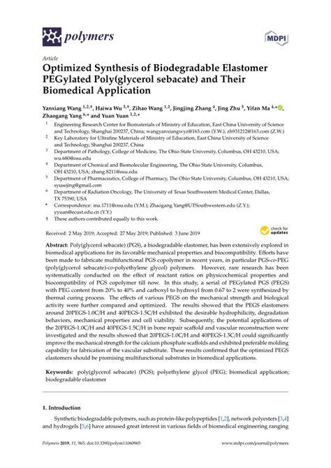 Pdf Optimized Synthesis Of Biodegradable Elastomer Pegylated Poly Glycerol Sebacate And Their