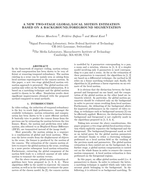 Pdf A New Two Stage Globallocal Motion Estimation Based On A Backgroundforeground Segmentation